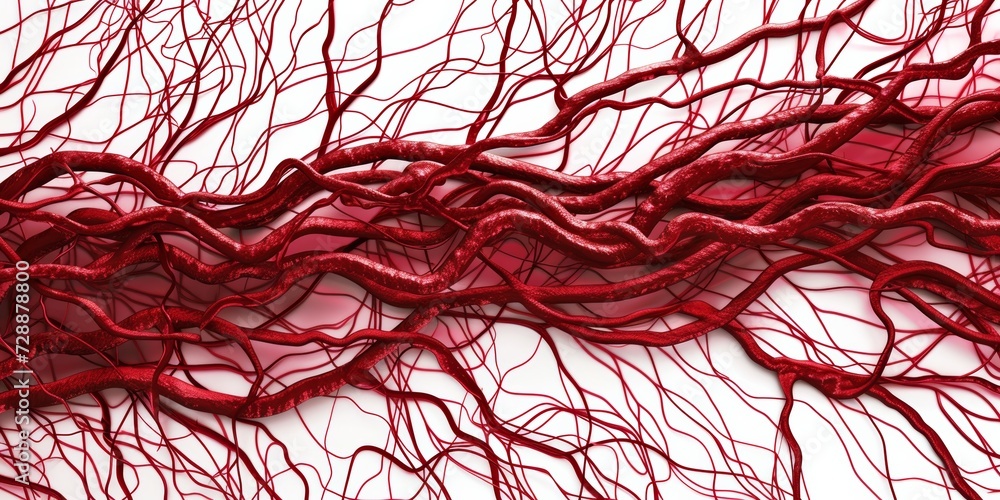 Blood flow pathways, with winding, intricate lines in shades of red ...