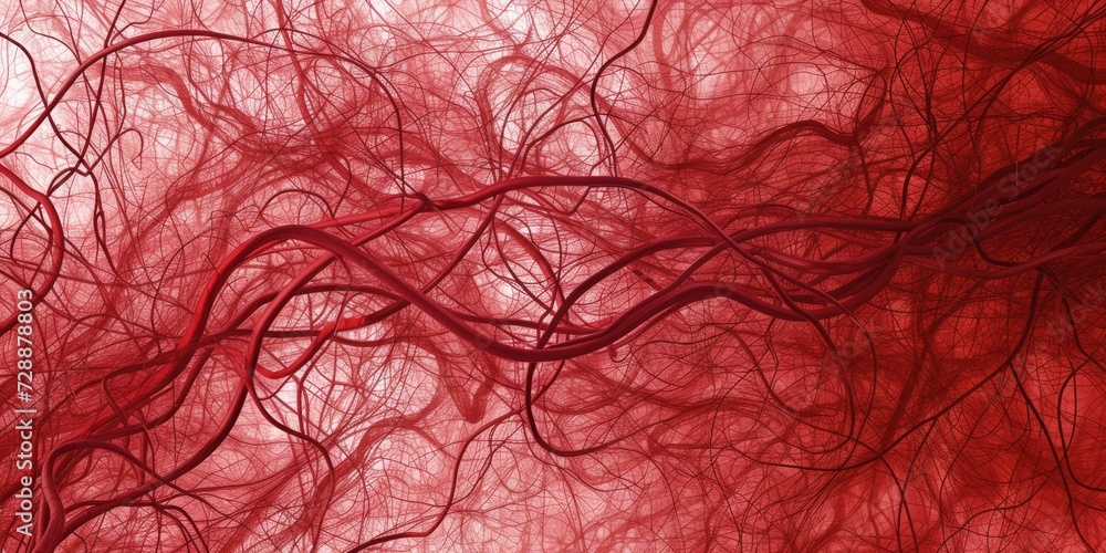 Blood flow pathways, with winding, intricate lines in shades of red ...