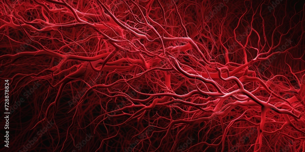 Blood flow pathways, with winding, intricate lines in shades of red ...