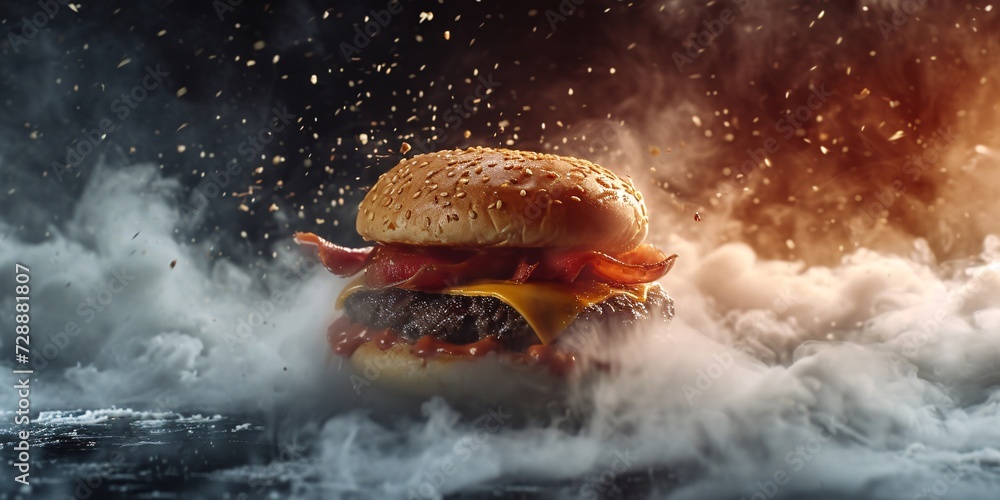 A sizzling cheeseburger emerges from a smoky grill, nestled between a ...