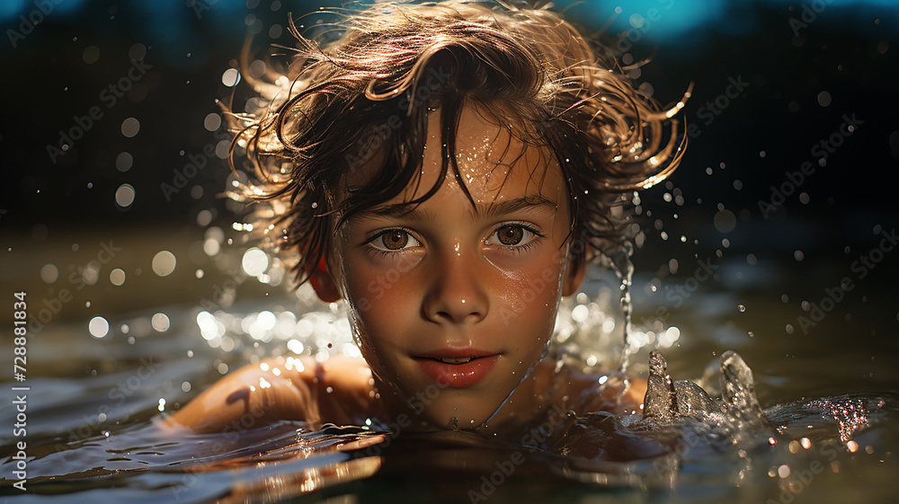 Portrait of a boy with brown hair and green eyes swimming in a river ...