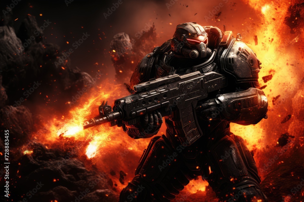 Futuristic Space Marine Warfare: An Armored Soldier in Epic Combat Pose ...