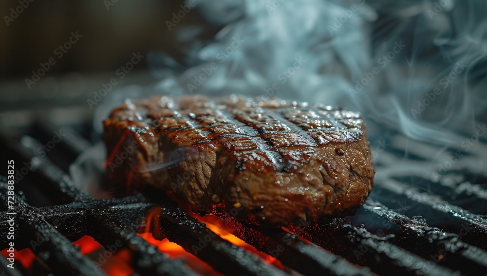A sizzling slab of marinated beef cooks to perfection on a fiery grill ...