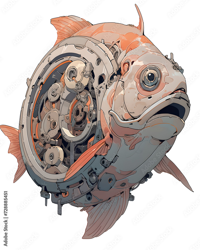 Illustration of a fish that looks like a wristwatch mechanism, filled ...