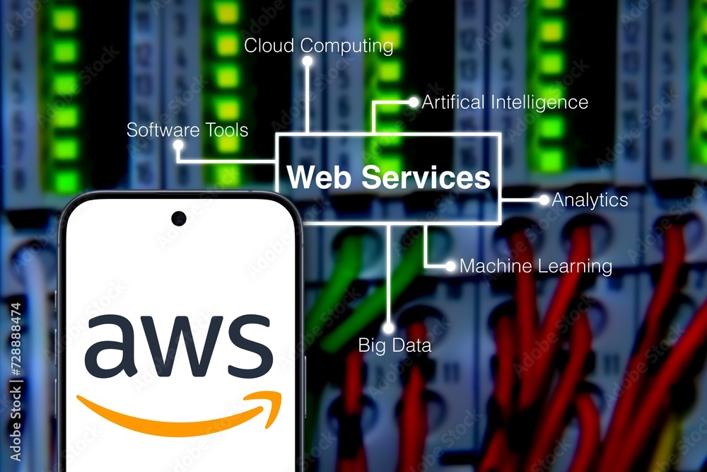 AWS Logo shown on a modern smartphone and concept in front of control ...