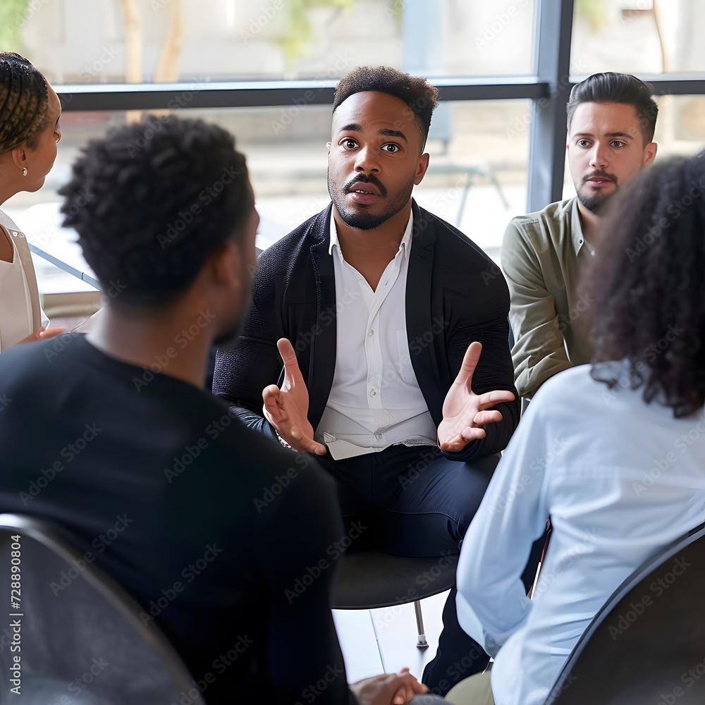 Young male business trainer leading a diverse group discussion on ...