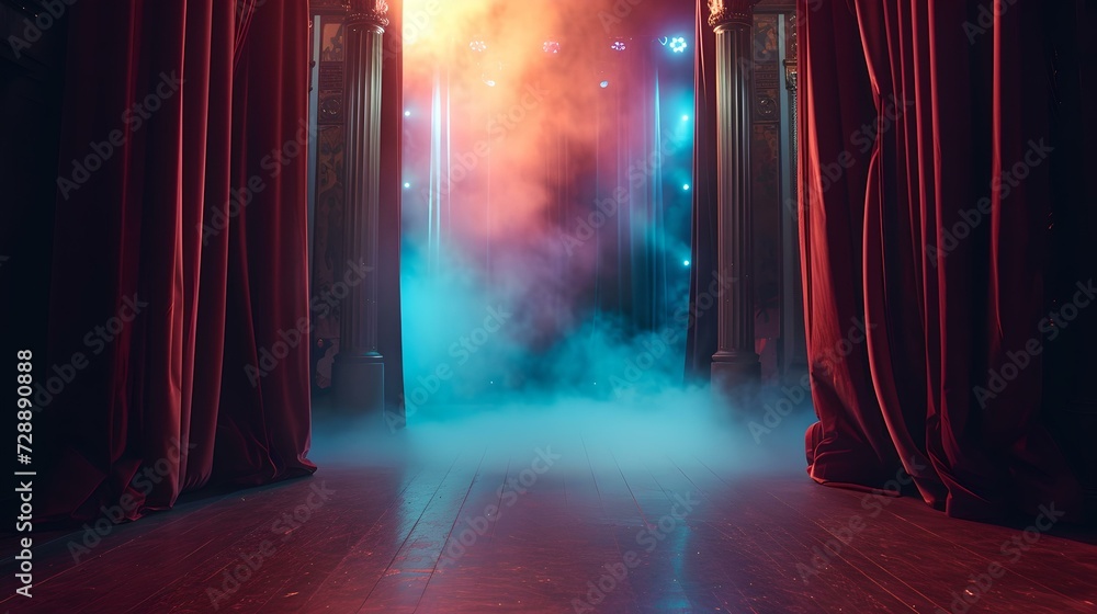 Empty stage with vibrant lights and smoke. mysterious theater scene ...