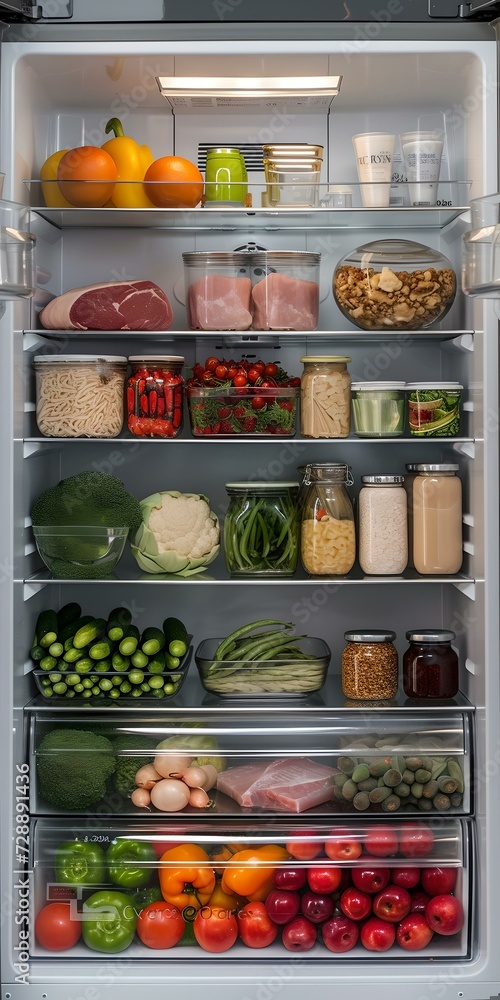 Well-organized refrigerator shelves loaded with fresh produce and goods ...