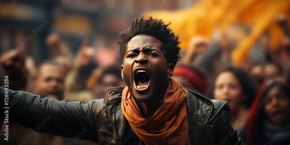 Black African American man activist angry shouting for his cause among ...