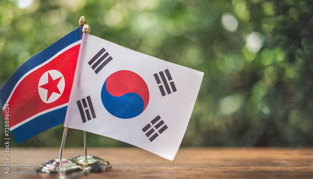 Flags of North and South Korea waving side by side, symbolizing the ...