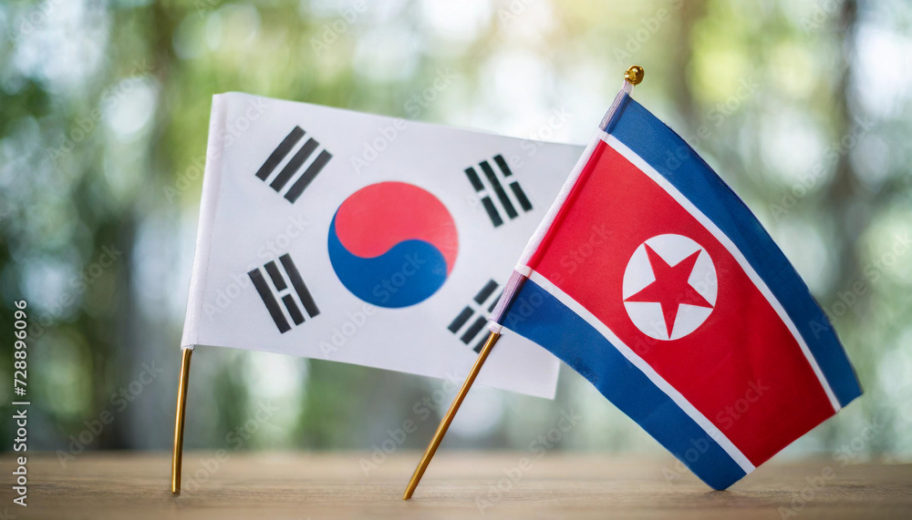 Flags of North and South Korea waving side by side, symbolizing the ...