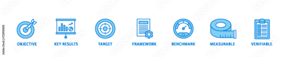 OKR icon set flow process illustrationwhich consists of objective, key ...