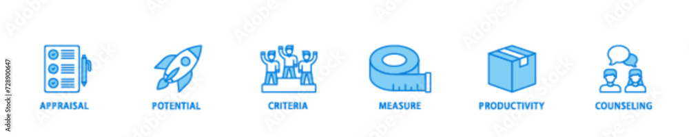 Performance review icon set flow process illustrationwhich consists of ...