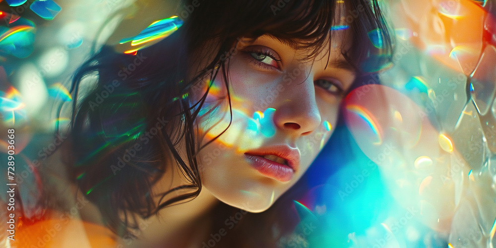 Young woman model in their 20s posing in a prism stained glass rainbow ...