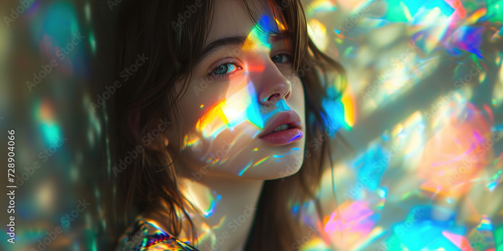 Young woman model in their 20s posing in a prism stained glass rainbow ...