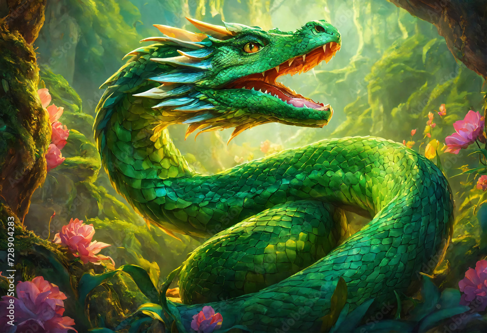 Serpentine Dragon. Dragon headed snake coiling in greenery of forest ...