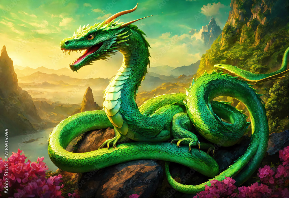 Serpentine Dragon. Toothy dragon headed snake coiling in greenery of ...