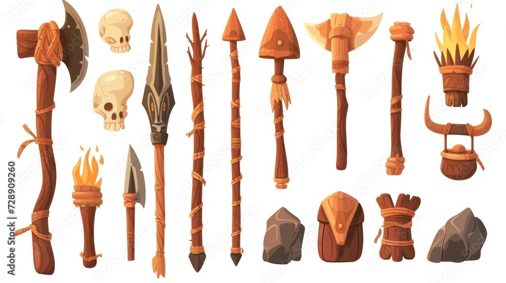 handmade illustration of a group of caveman weapons. concept history of ...