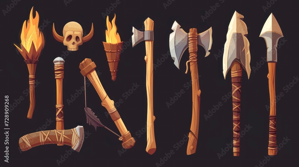 handmade illustration of a group of caveman weapons. concept history of ...