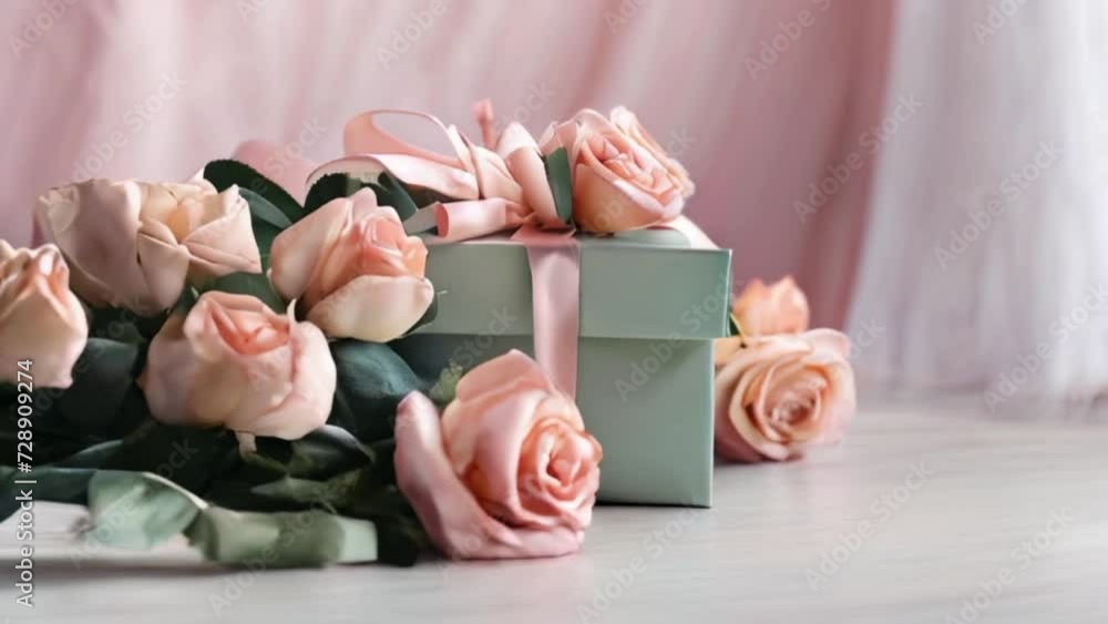 Elegant present gift box with satin ribbon and pastel color fresh roses ...