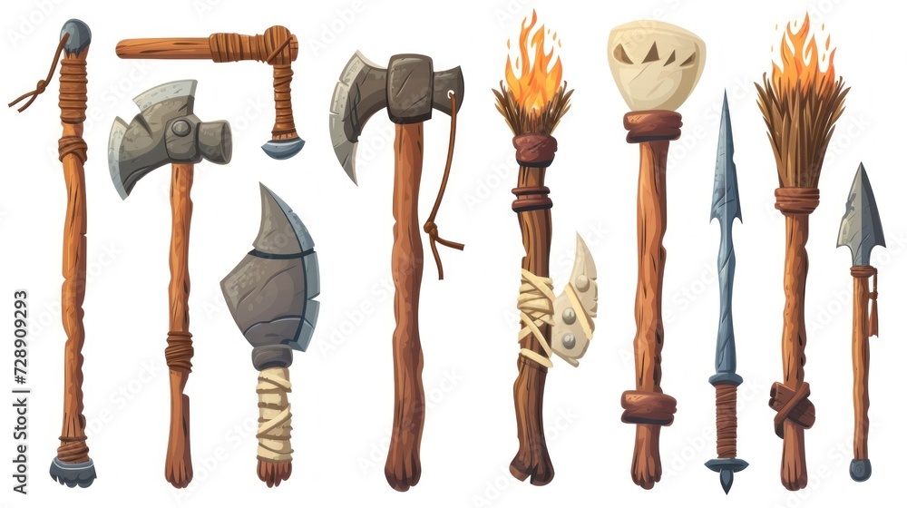 handmade illustration of a group of caveman weapons. concept history of ...