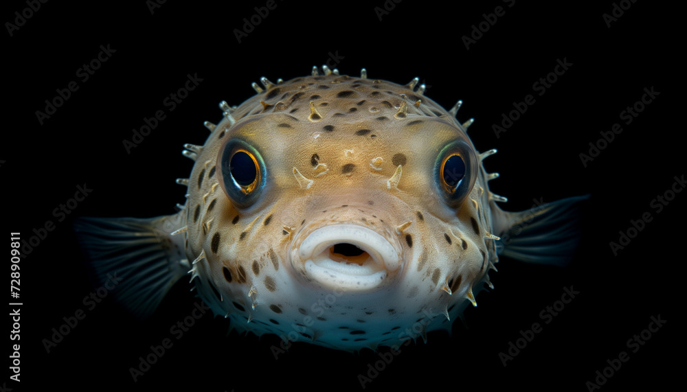 A front-facing close-up of a pufferfish with its characteristic inflated body, large, expressive ...