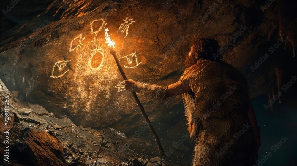 caveman with a torch inside a cave observing handmade rock painting ...