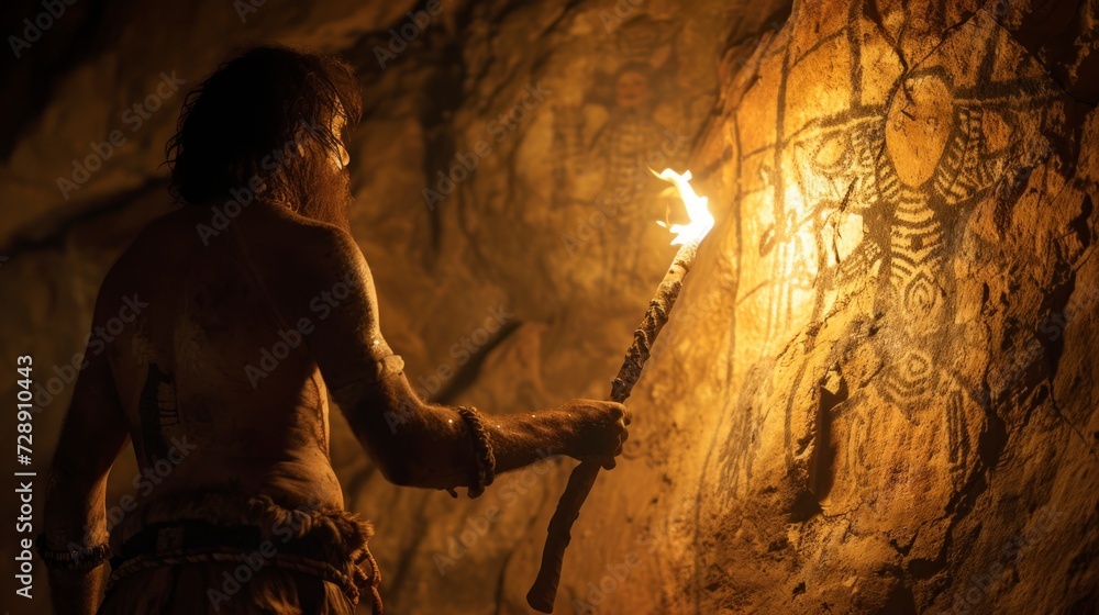 Caveman with a torch inside a cave observing cave painting handmade by ...