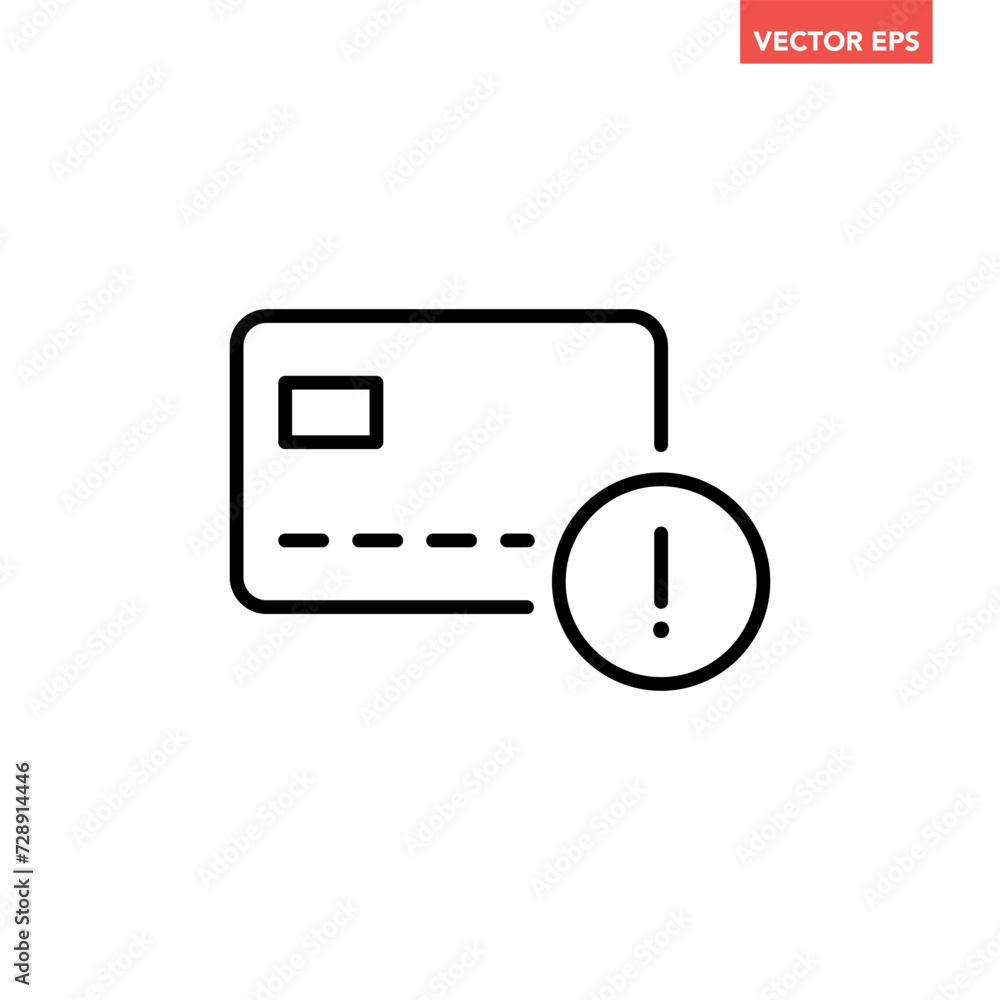 Black single bank credit card error warning line icon, finance ...