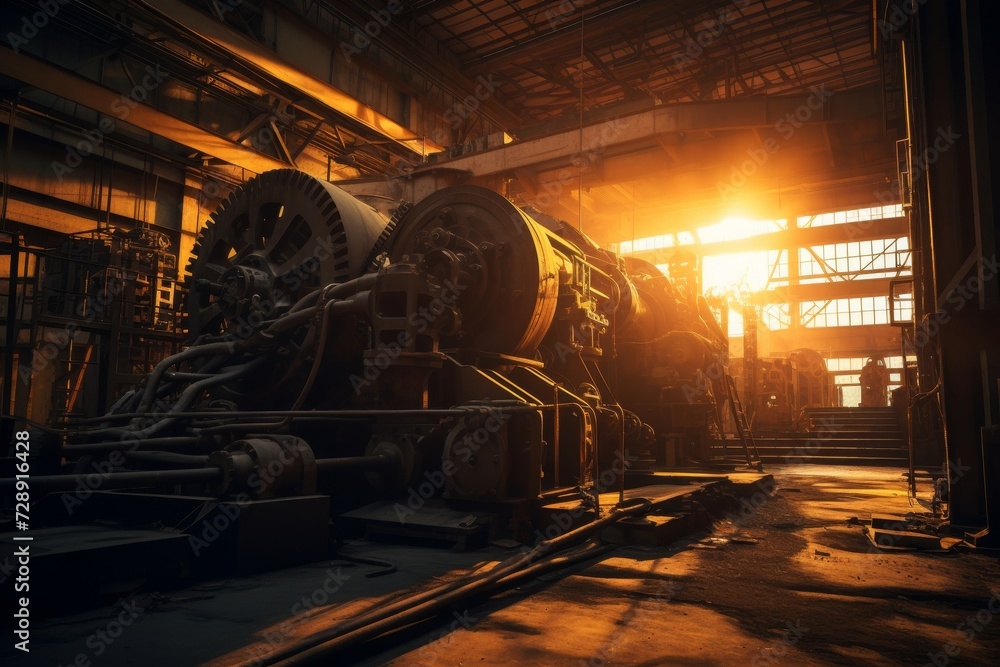 A powerful industrial winch, bathed in the golden glow of sunset, sits ...