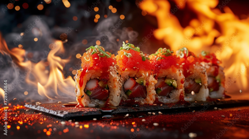 A tantalizing sushi roll bursting with fiery ingredients resembling a ...
