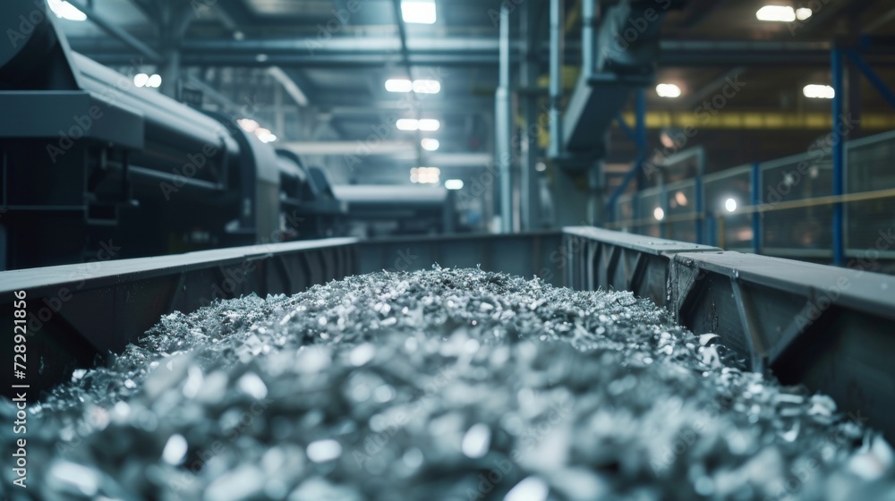 In a gleaming factory facility a machine compresses s metal into dense ...