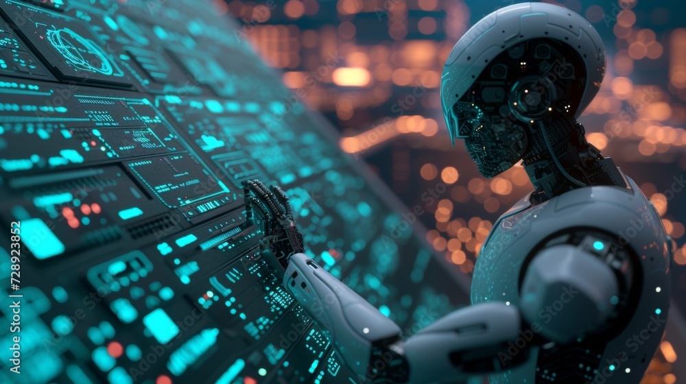 A detailed shot of a specialized AI software being programmed and ...