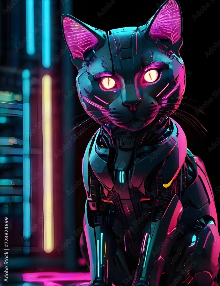Neon cyber cat on black background, digital art, futuristic character ...