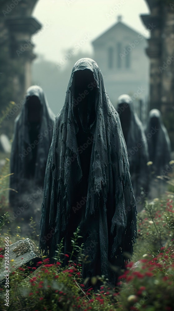 Illustration of a group of ghosts wandering in an old, abandoned ...