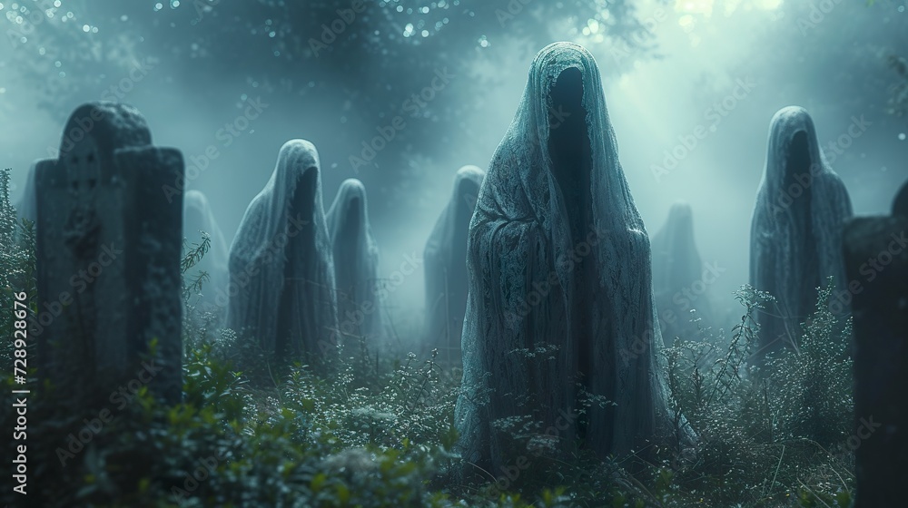 Illustration of a group of ghosts wandering in an old, abandoned ...