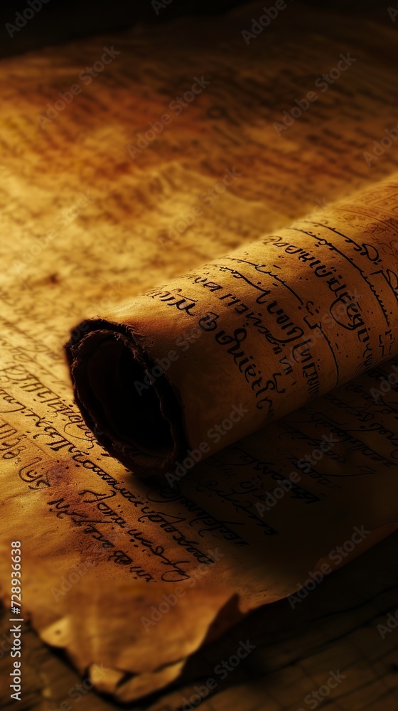 On an ancient parchment, intricate calligraphy reveals mysterious ...