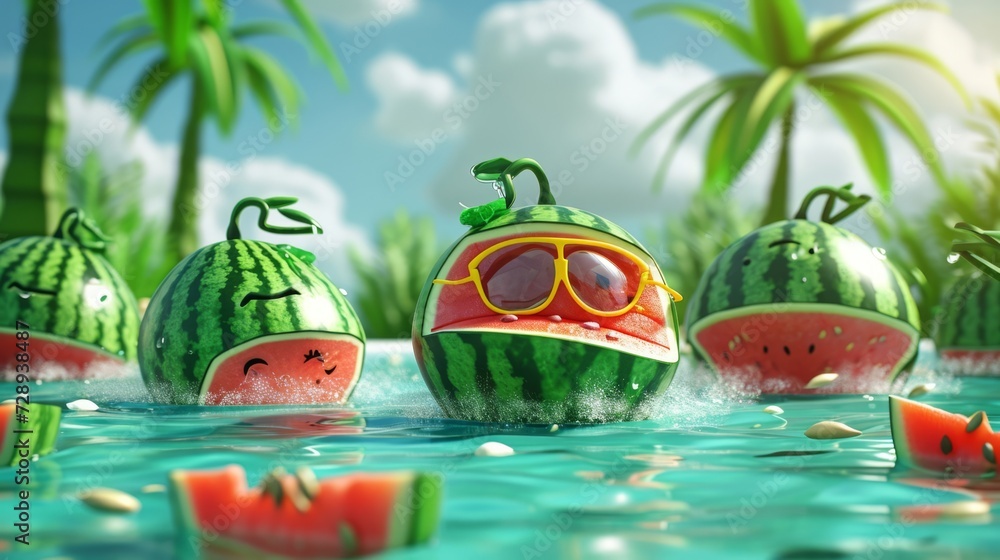 Cartoon scene of a watermelon pool party game where watermelons are ...
