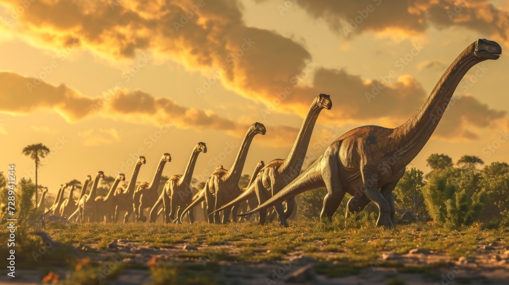 In the distance a large herd of Brachiosaurus move in unison through ...