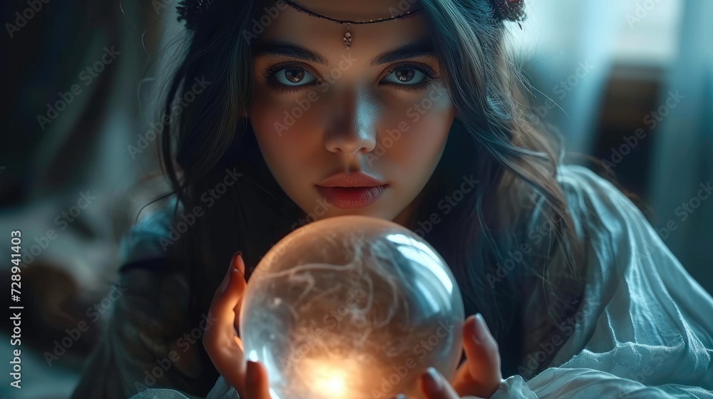 Female witch sorceress fortune teller occultist holding a magical ...