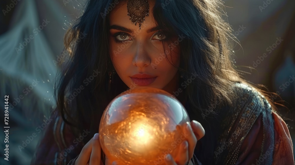 Female witch sorceress fortune teller occultist holding a magical ...