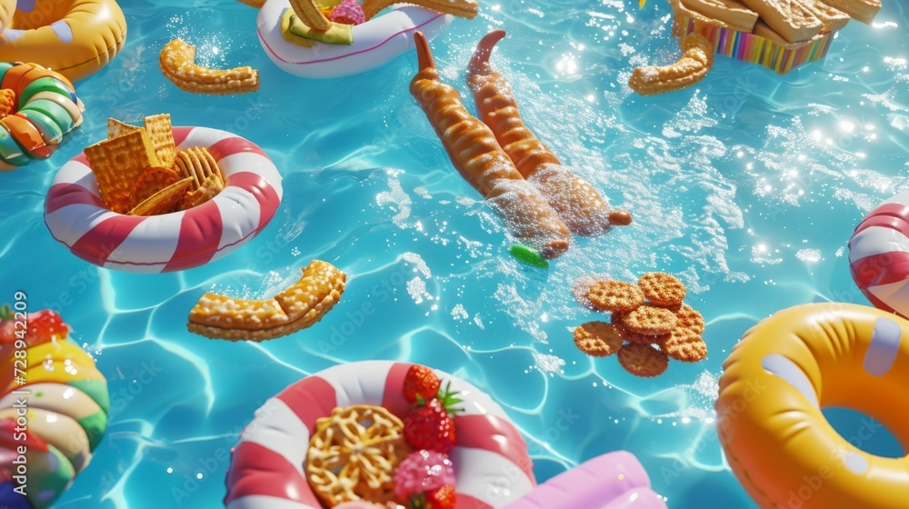 Cartoon scene of a CD diving into a pool filled with party snacks like ...