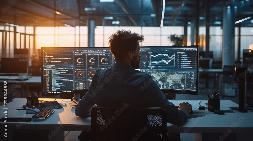 Programming and engineering on his computer and typing on the keyboard ...