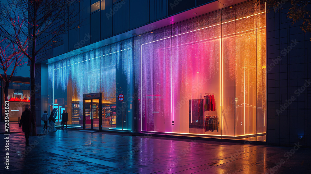 Illustrate a boutique exterior featuring a dynamic LED lighting ...