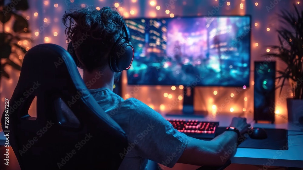 A gamer sitting on a chair in his gaming room is gaming on his pc ...
