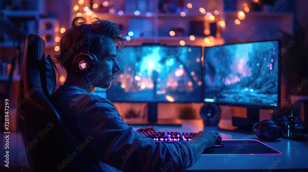 A gamer sitting on a chair in his gaming room is gaming on his pc ...