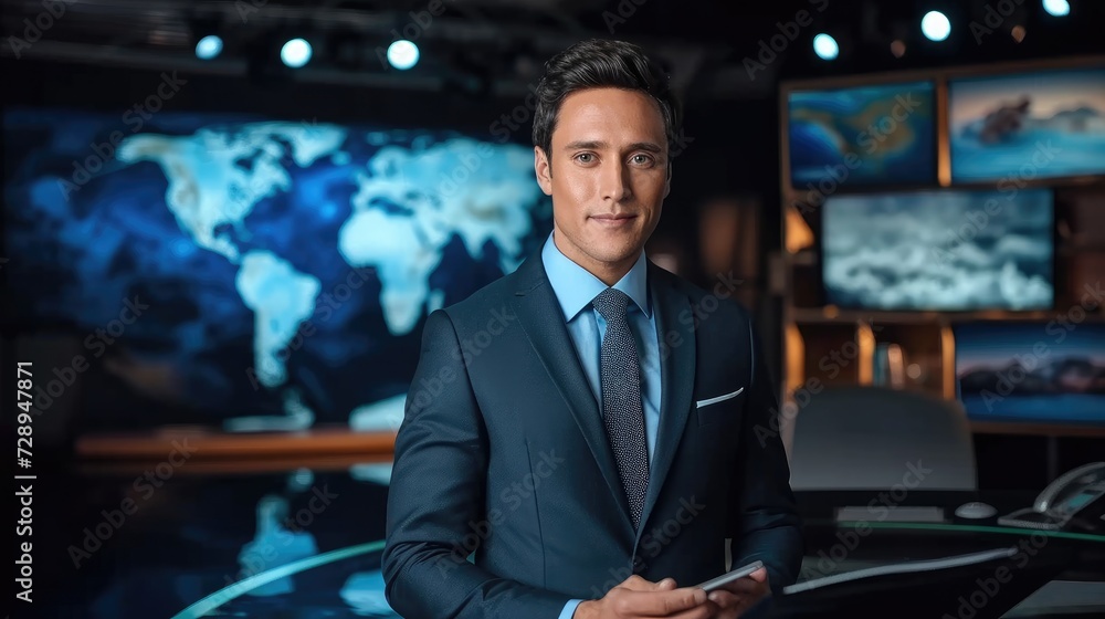 Handsome guy in a suit, a tv news presenter on a popular channel live ...