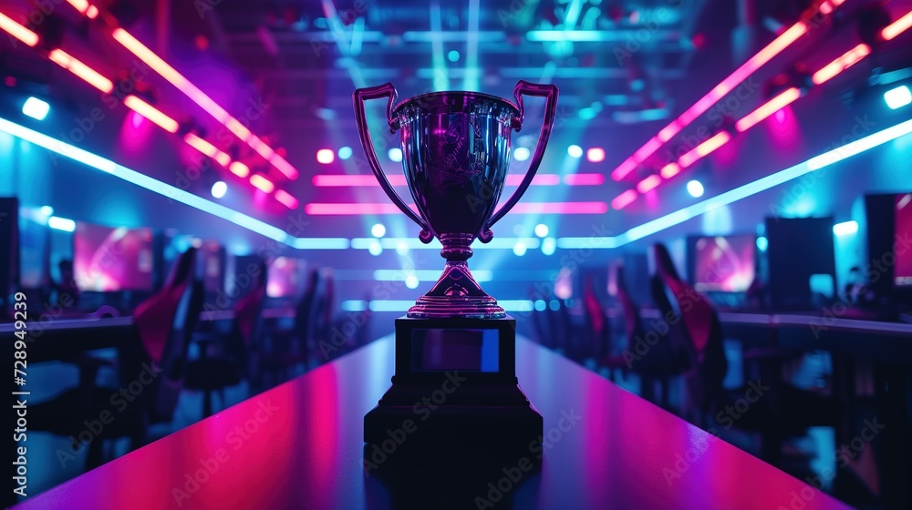 The esports winner trophy standing on the stage in the middle of the ...