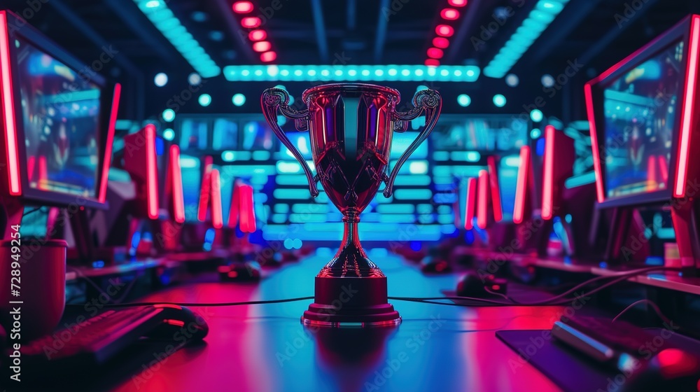 The esports winner trophy standing on the stage in the middle of the ...