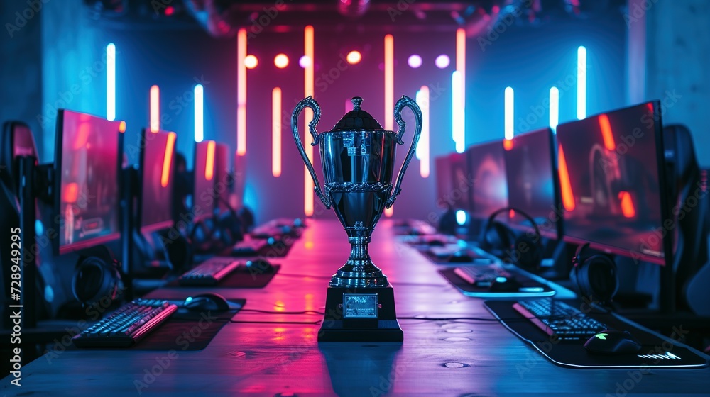 The esports winner trophy standing on the stage in the middle of the ...